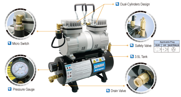 1/6HP Mini Air Brush Compressor w/3.5L Tank & Gauge